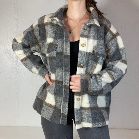 Nasty Gal | Jackets & Coats | Gray White Brown Plaid Button Down ...